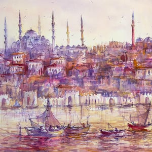 Original Watercolor Painting, Istanbul Landscape, Blue Mosque and Hagia ...