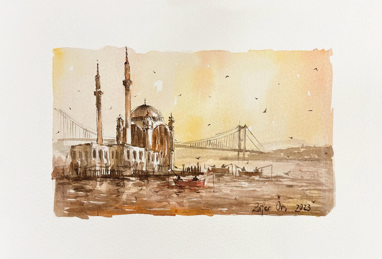 Istanbul Ortaköy Mosque Watercolor Painting: Bosphorus View Art - Etsy