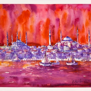 Istanbul Original Watercolor Painting - Cityscape - Handmade Art Piece ...