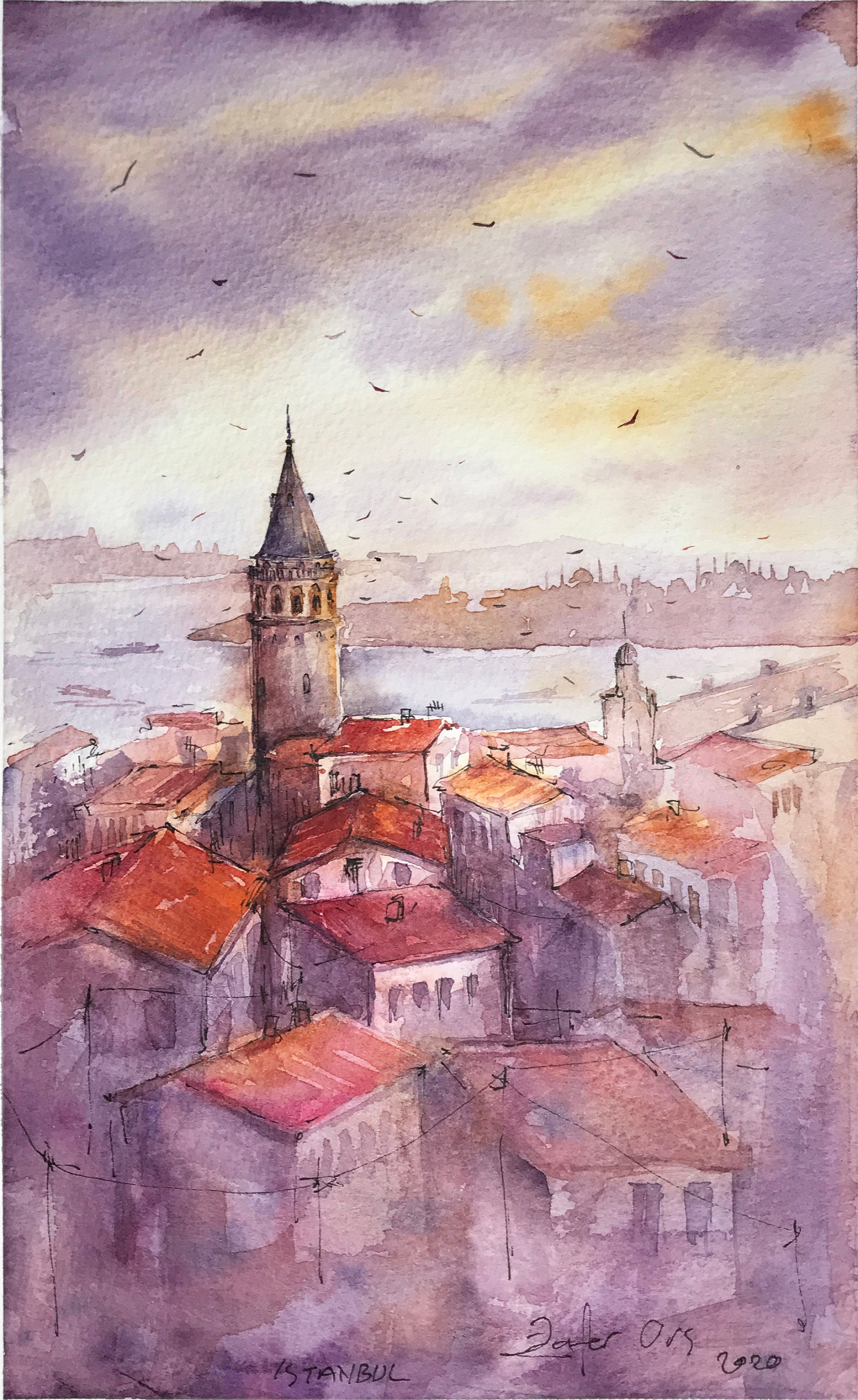 Istanbul Original Watercolor Painting. Galata Tower, City Landscape ...