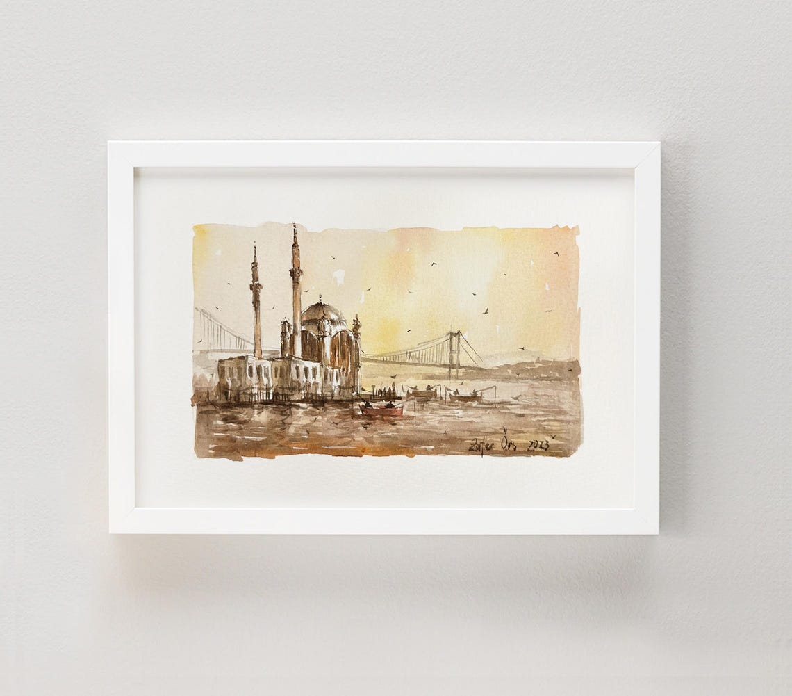 Istanbul Ortaköy Mosque Watercolor Painting: Bosphorus View Art - Etsy