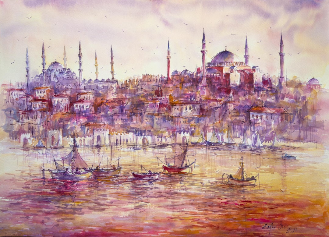 Original Watercolor Painting, Istanbul Landscape, Blue Mosque and Hagia ...