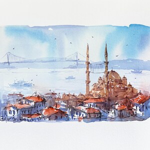 Original Istanbul Watercolor Painting | Bosphorus and Mosque Art ...