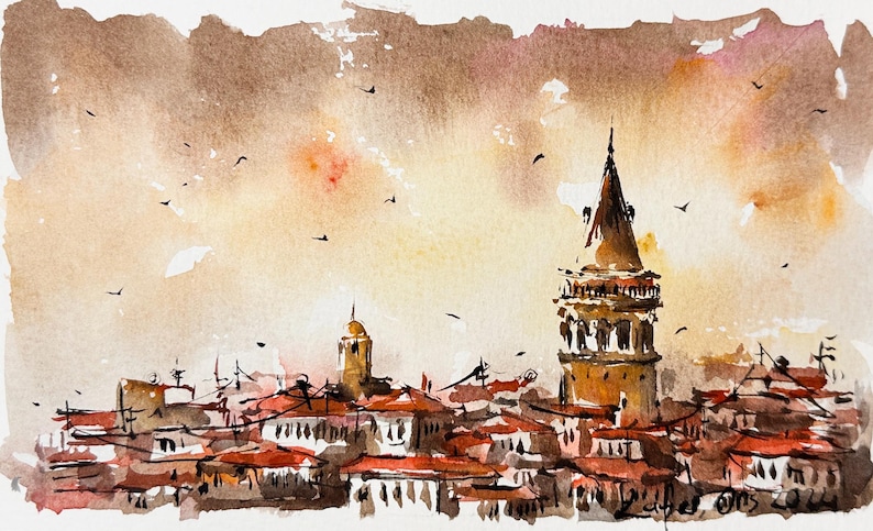 Original Watercolor Painting, Galata Tower Istanbul, Hand Made, Art ...