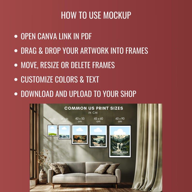Wall Art Size Guide, Editable CANVA Mockup Horizontal (inches + CM) - Etsy