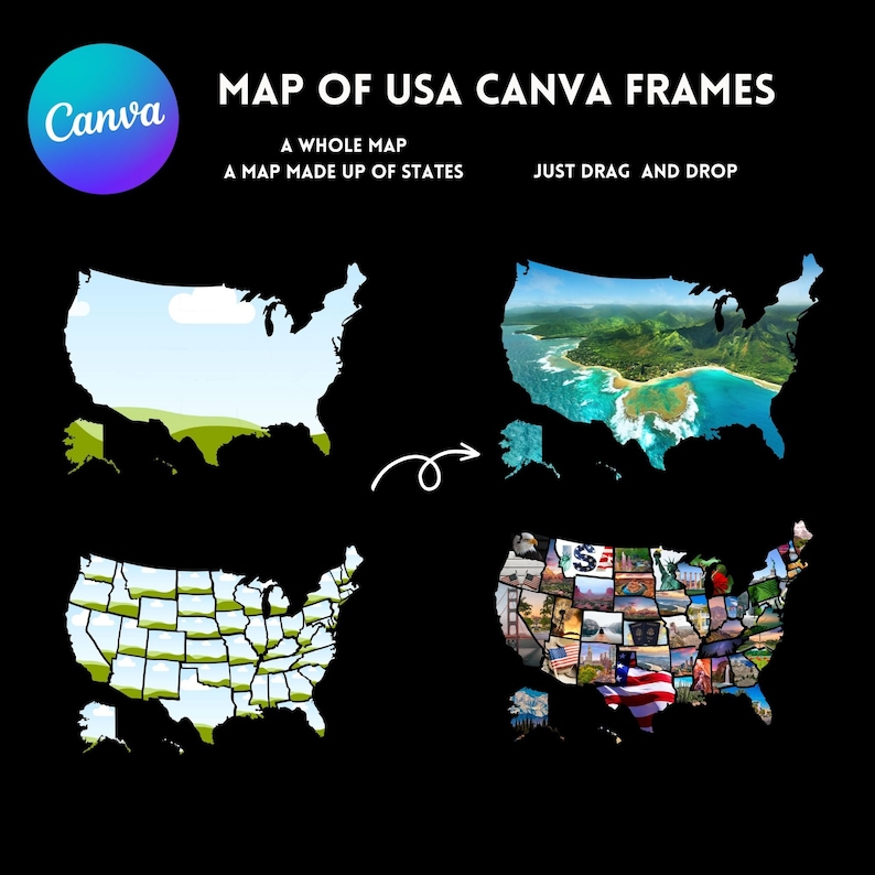 USA States Map CANVA Frames, Drag and Drop CANVA Template, Texas ...