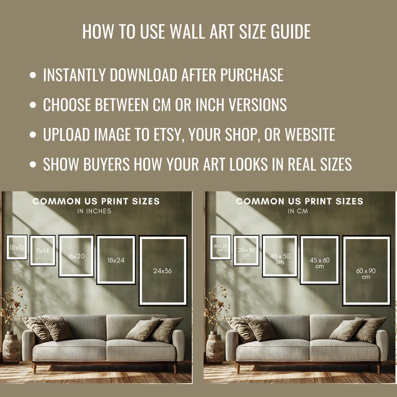 Wall Art Size Guide: Editable CANVA Mockup (inches + CM) - Etsy