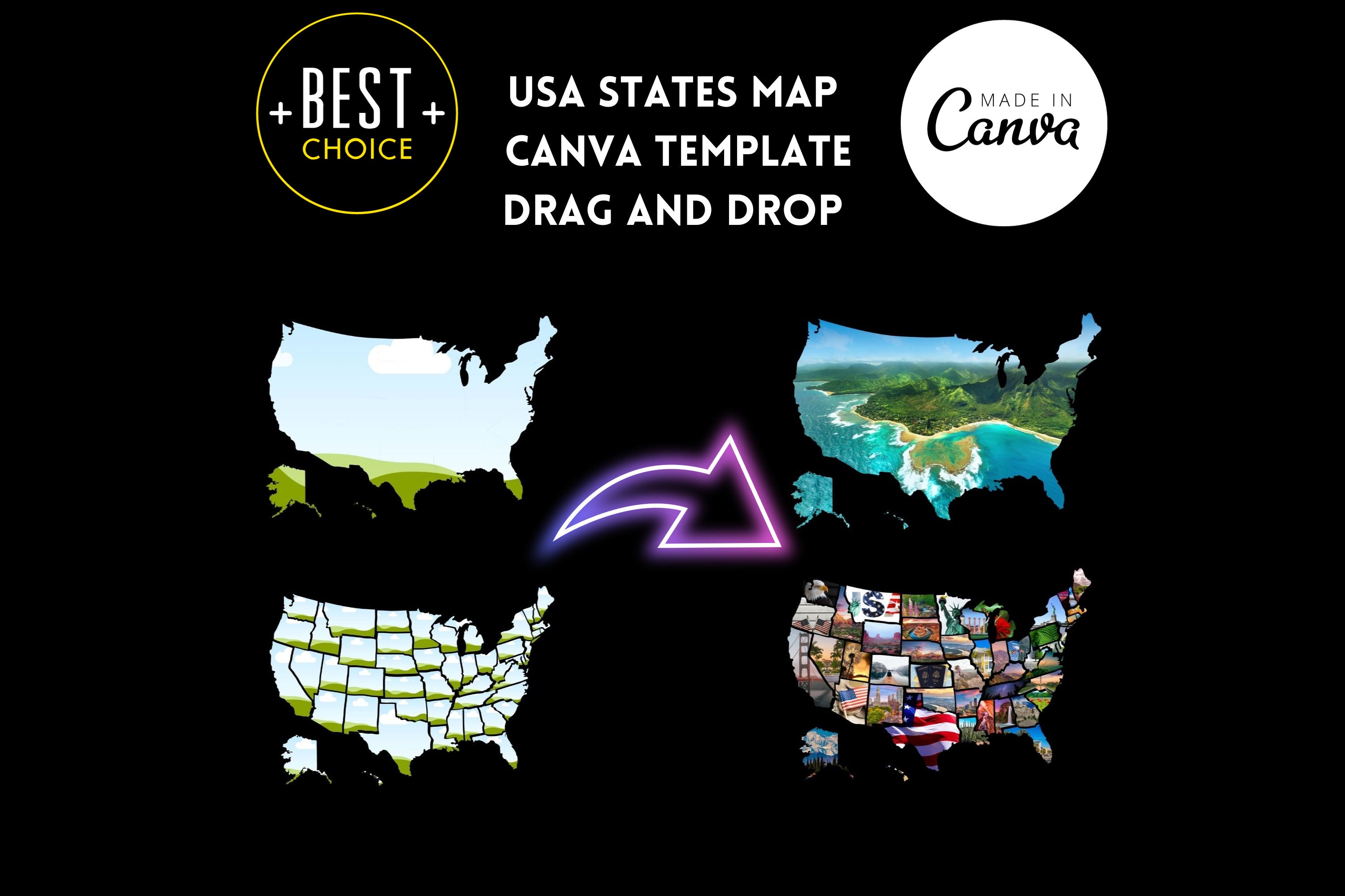 USA States Map CANVA Frames, Drag and Drop CANVA Template, Texas ...