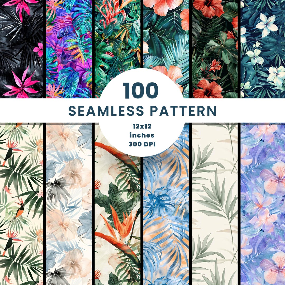 Tropical Watercolor Seamless Pattern Bundle: 100+ JPEG Files (digital ...