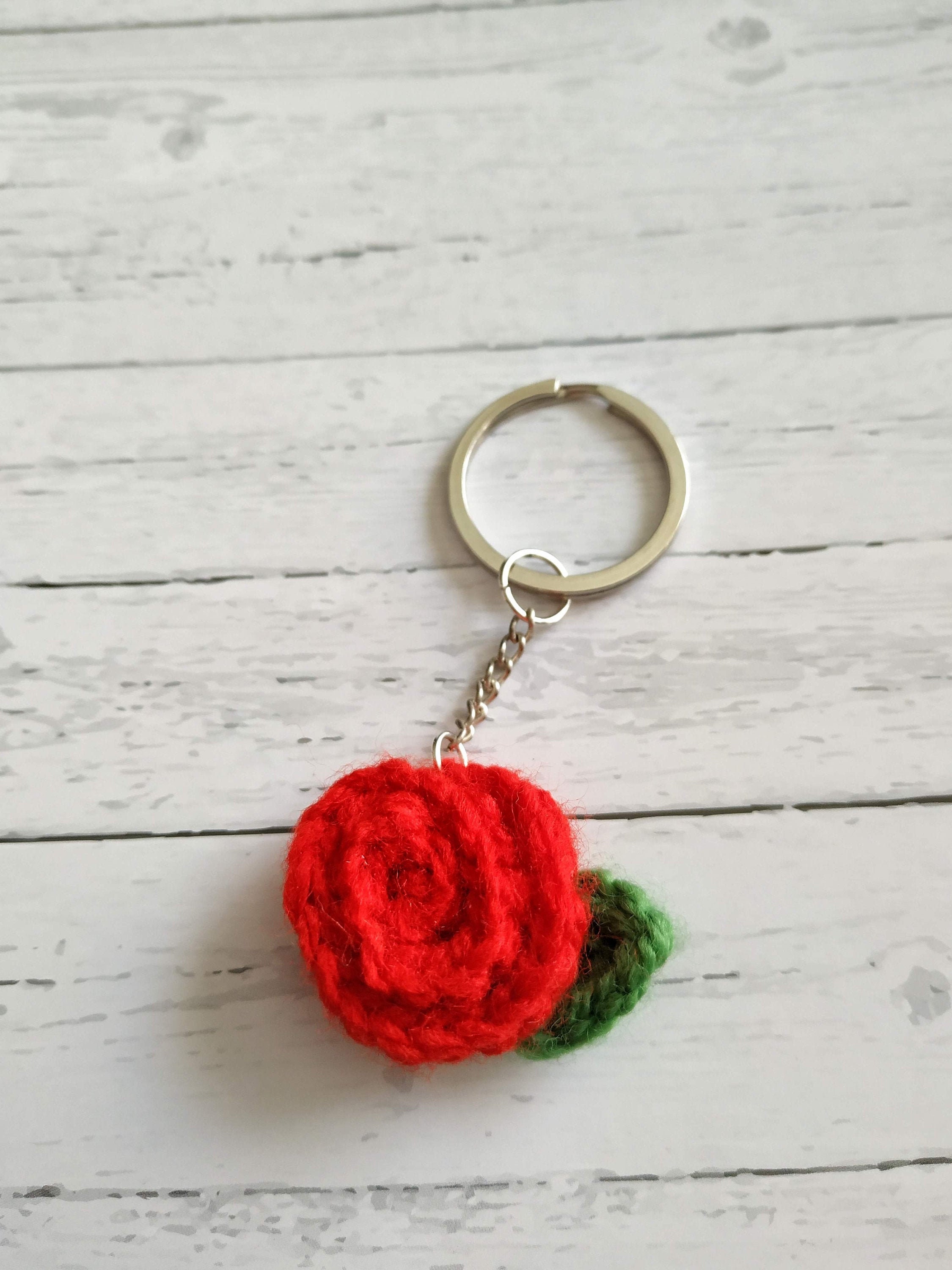 Rose Keychain, Rose Keyring, Crochet Keychain Rose, Red Rose Keychain ...