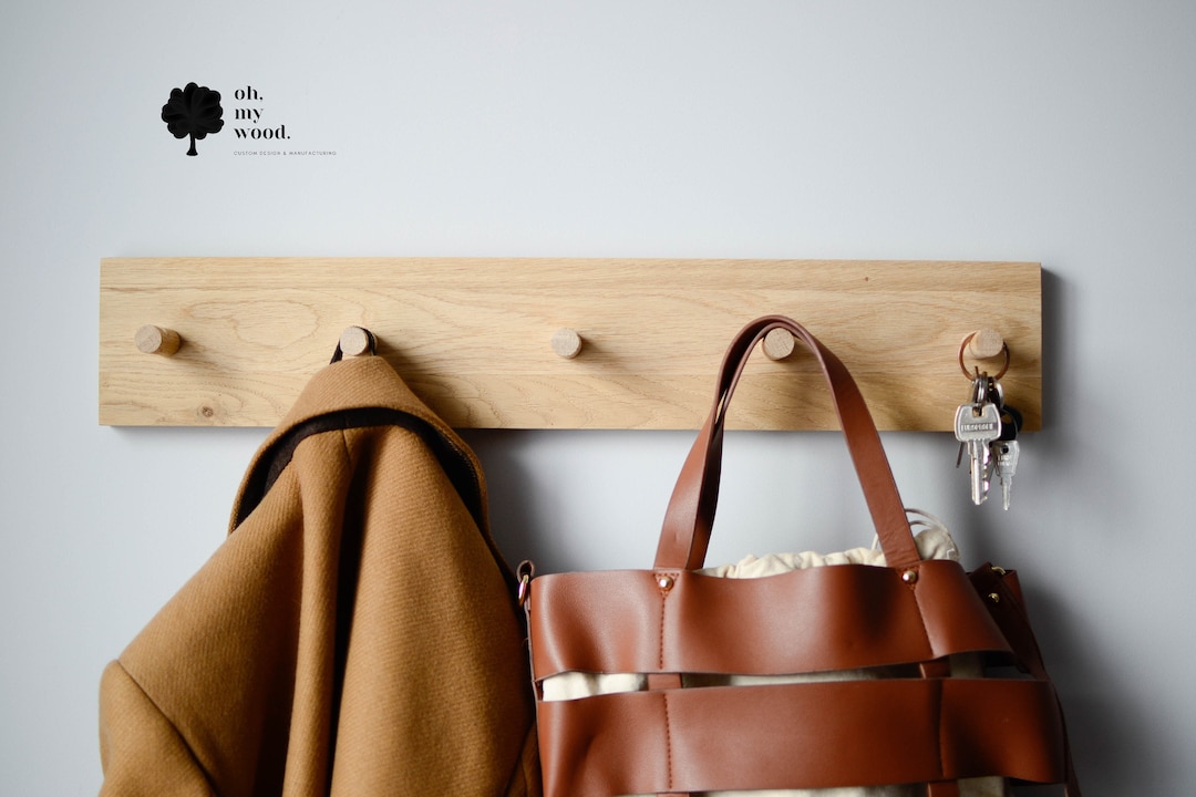 Wooden Coat Rack, Oak Coat Rack, Wall Mounted Coat Rack, Wooden Peg ...