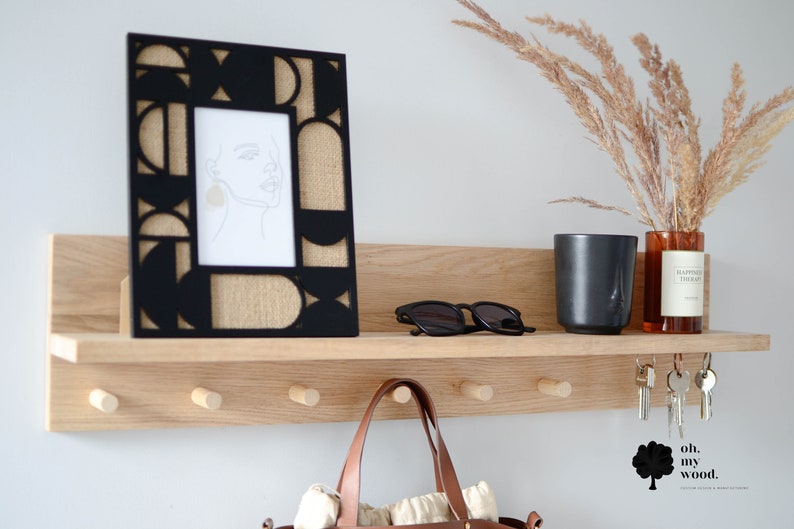 Entryway Organiser, Wooden Shelf, Key Holder for Wall, Wooden Peg Coat ...