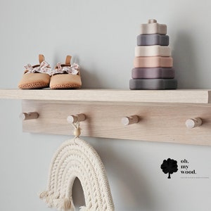 Wooden Coat Rack With Shelf, Kids Room Decor, Peg Rail With Shelf, Oak ...
