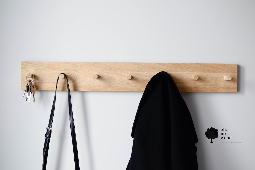 Wooden Coat Rack, Oak Coat Rack, Wall Mounted Coat Rack, Wooden Peg ...