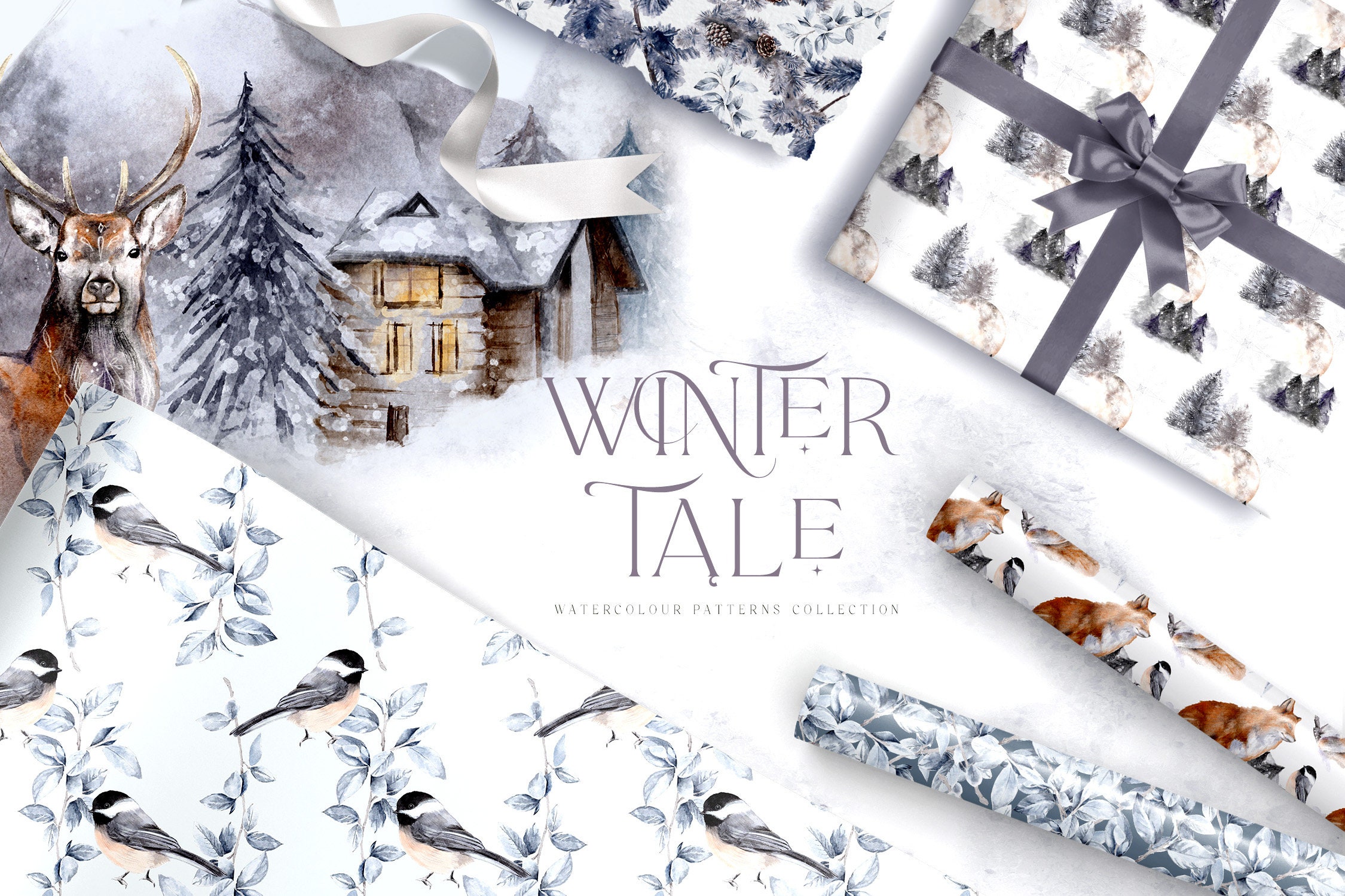 Winter Christmas Digital Paper Pack Watercolour Pattern Digital ...