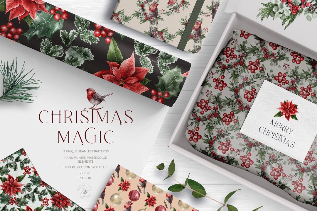 Classic Christmas Digital Paper Pack Watercolor Ink Hand Painted Prints ...