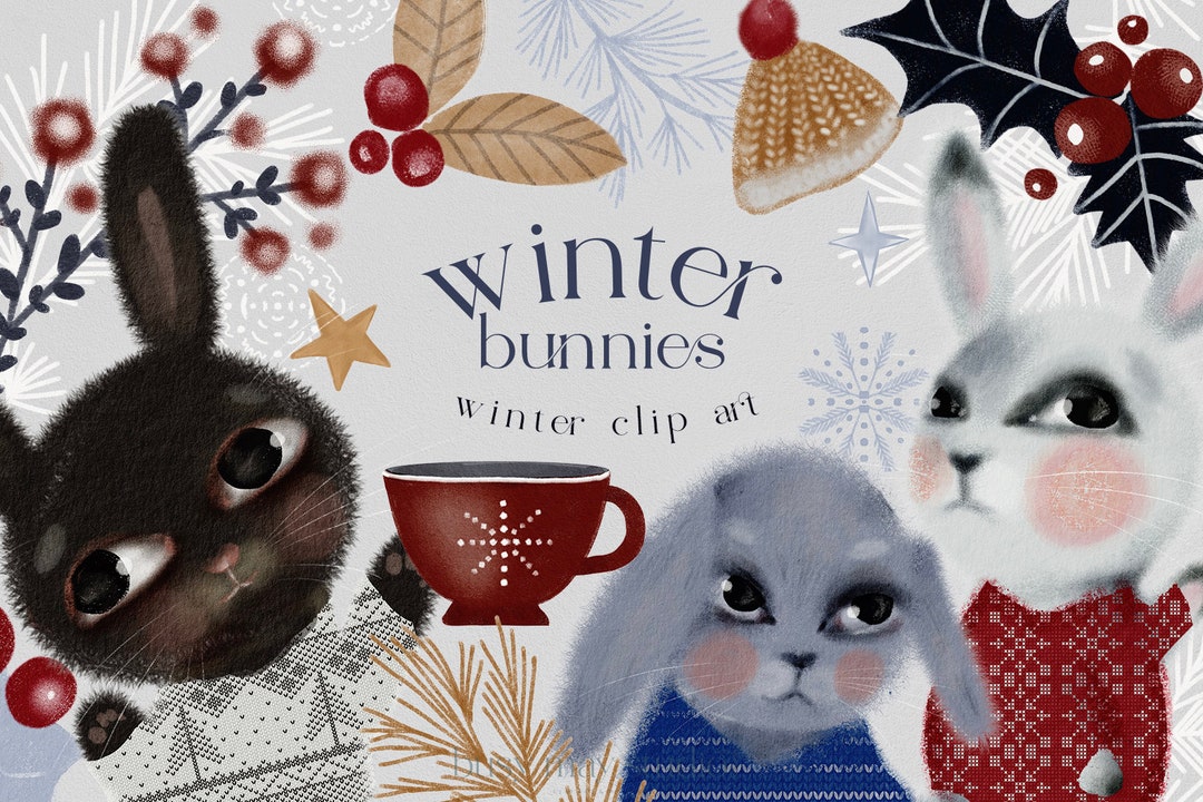 Cute Winter Bunnies Rabbits Clip Art | Christmas Bunnies Rose Gold ...