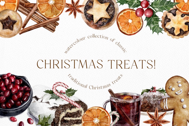 Christmas Treats Clip Art, Watercolour Clipart, Traditional Christmas ...