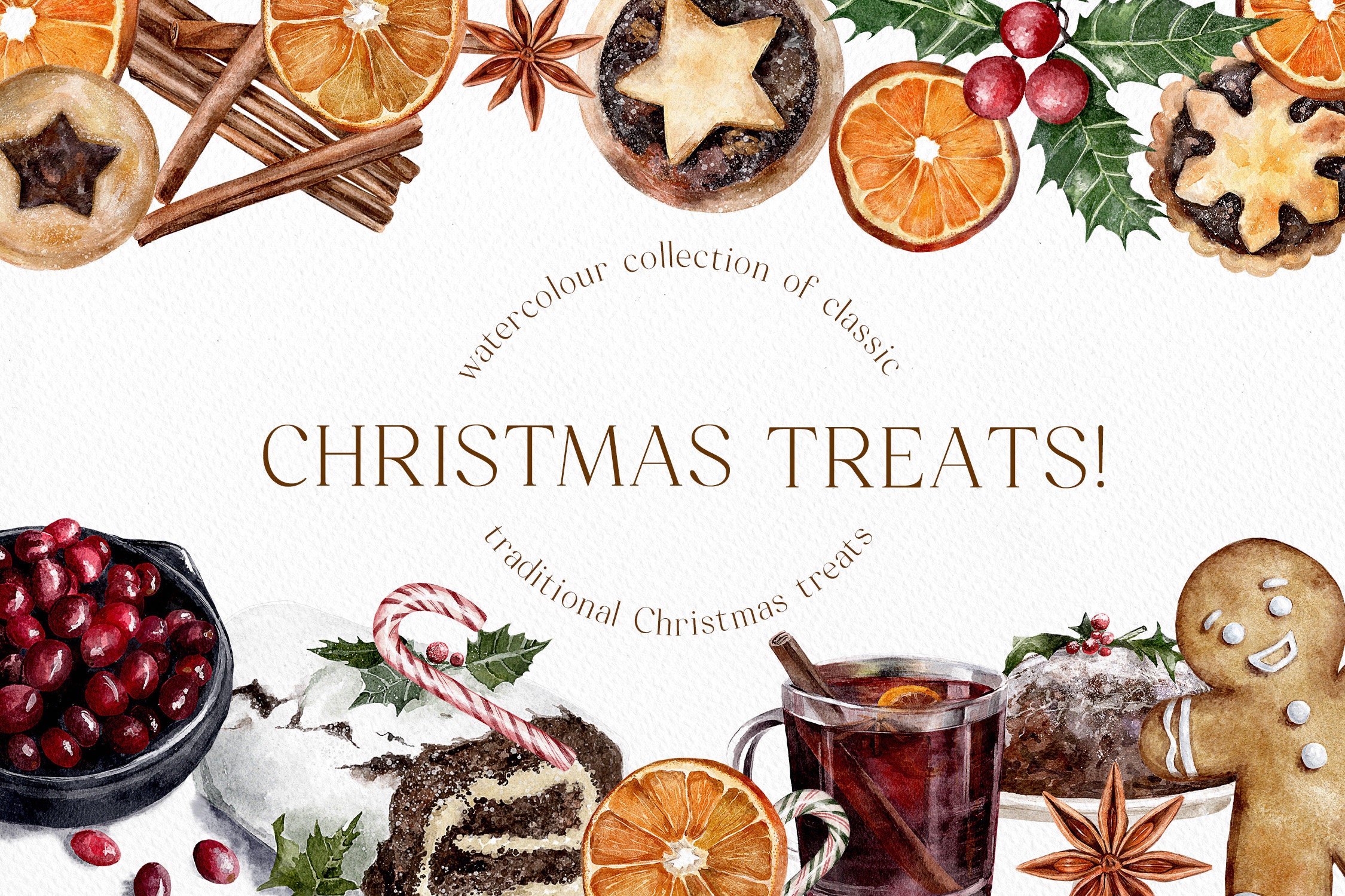 Christmas Treats Clip Art, Watercolour Clipart, Traditional Christmas ...