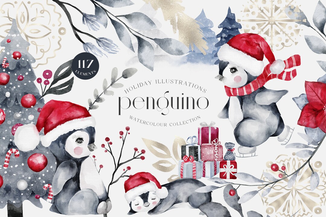Festive Watercolor Penguins Baby | Christmas Watercolor Art | Nurery ...