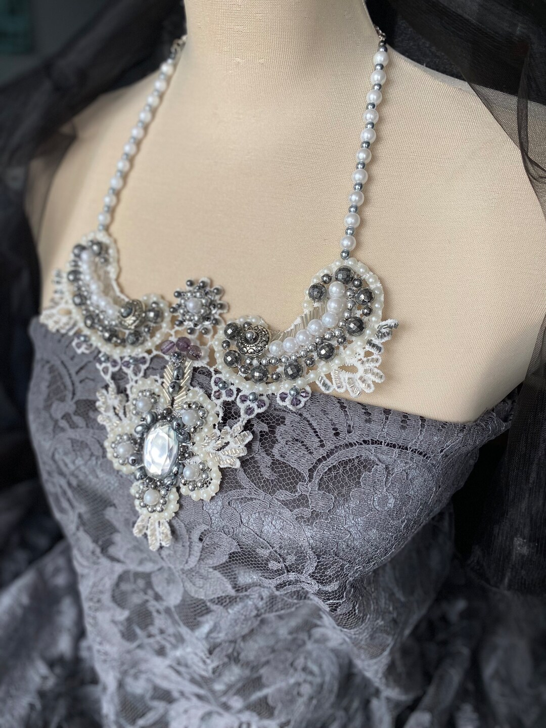 Victorian Classical White and Gray Statement, Embroidered Chic Necklace ...