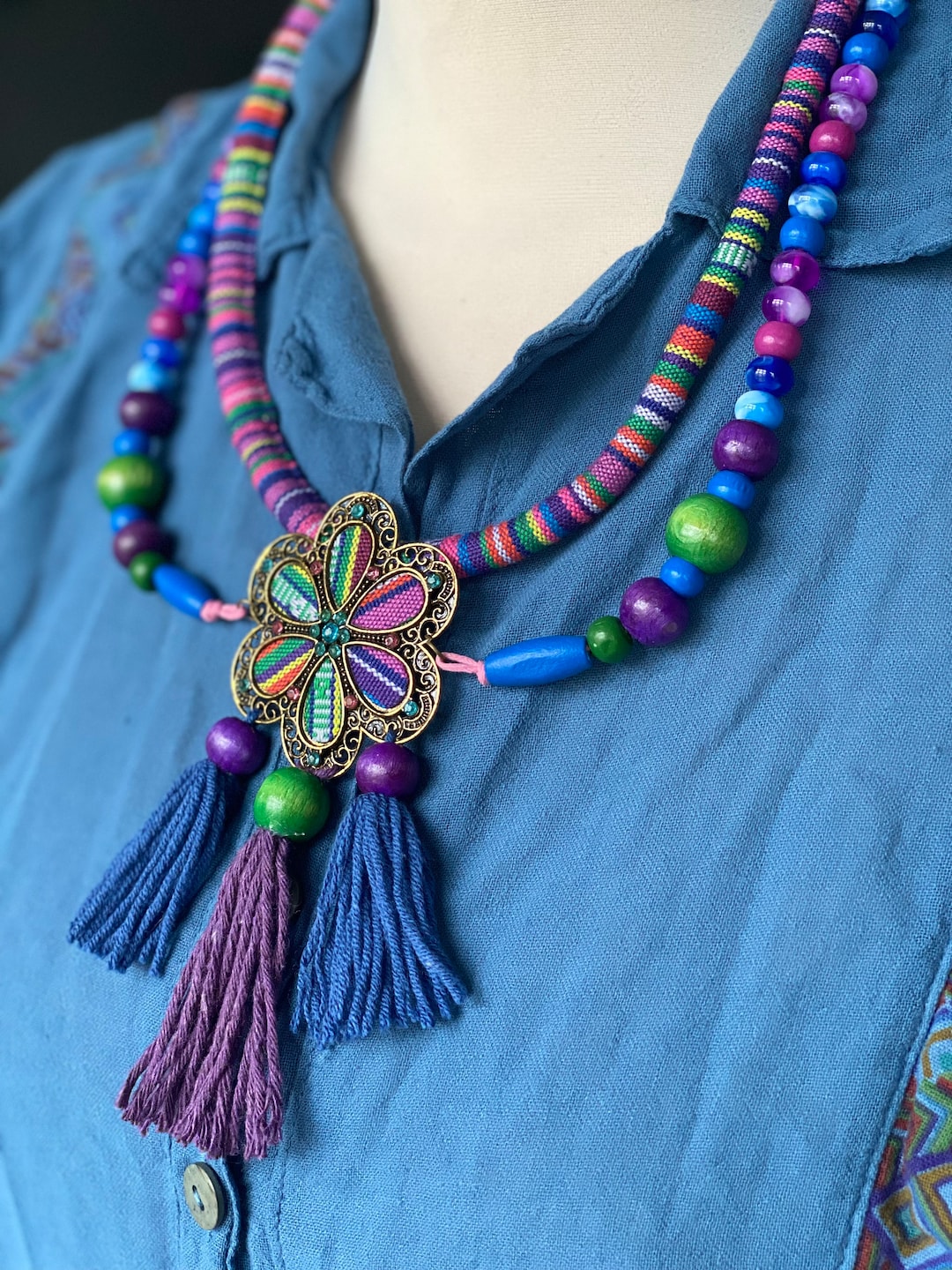 Purple and Blue Cord and Bead Necklace , Bracelet Set. Boho Statement ...