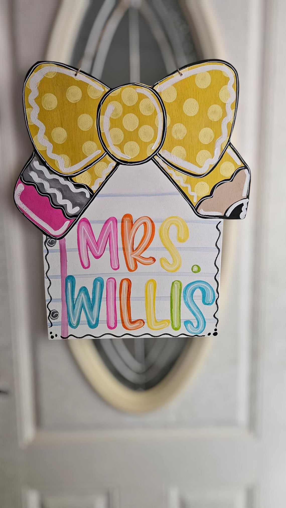 Personalized Teacher Door Hanger: Coquette Bow, Notebook Sign - Etsy
