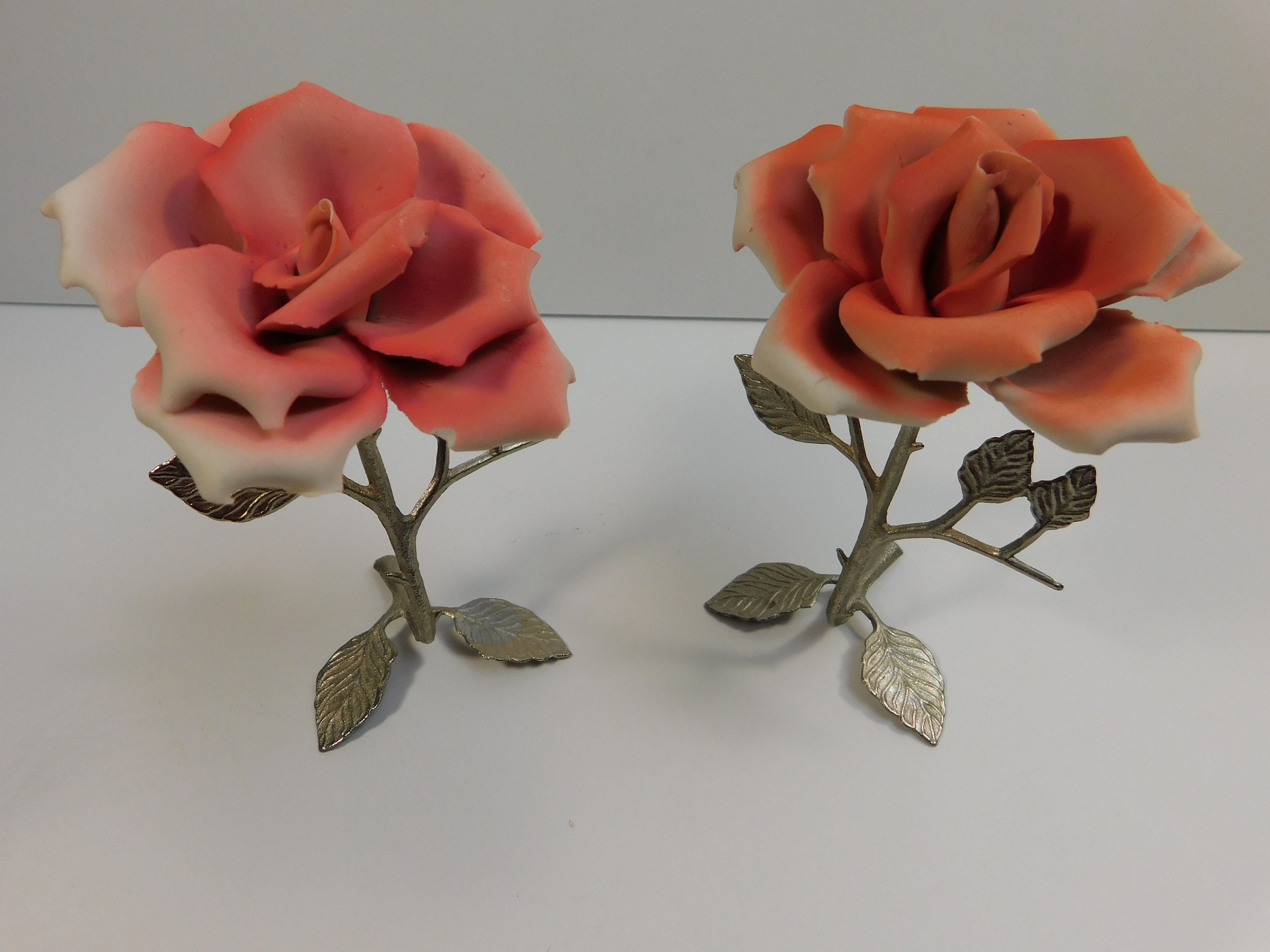 2 Vintage Napoleon Capodimonte Pink Roses w/ Silver Plate Stems Italy ...