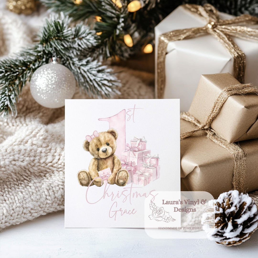 My First Christmas Personalised Card | Pink Bear With Bow | Christmas ...