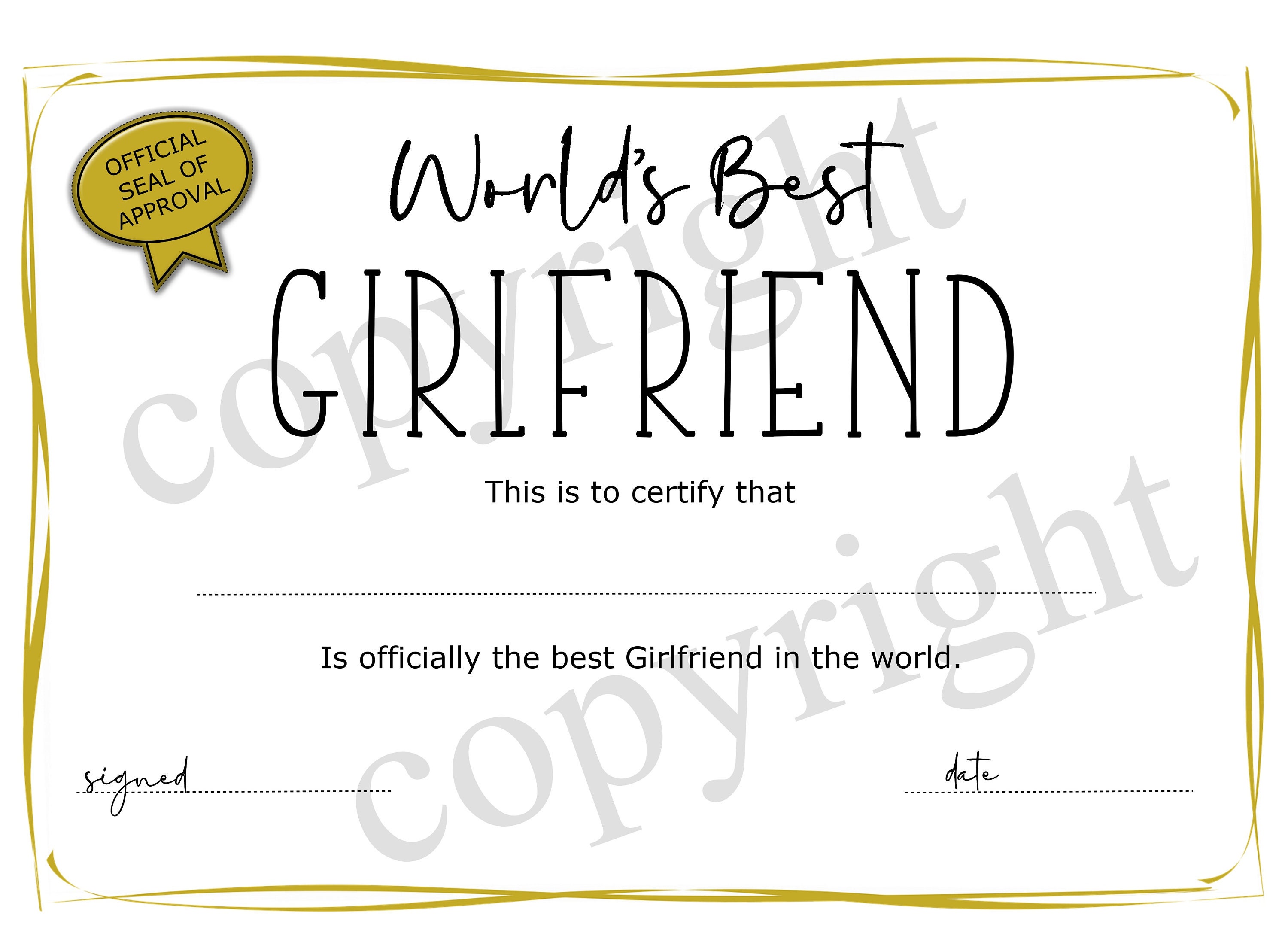 World's Best Girlfriend Certificate, Digital Download, Print at Home ...