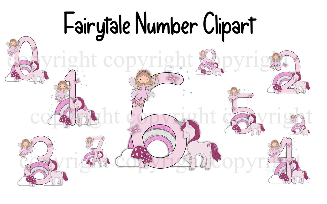 Fairytale Number Clipart, Unicorn Fairy Illustrations, Sublimation ...