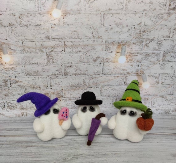Set of Three Ghosts Wool Felted Ghost With Pumpkin Needle - Etsy