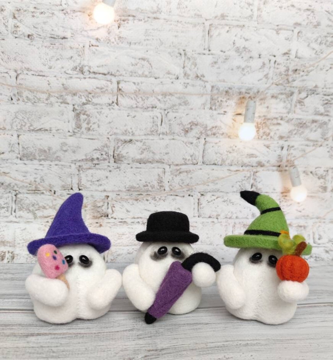 Set of Three Ghosts, Wool Felted Ghost With Pumpkin, Needle Felted ...