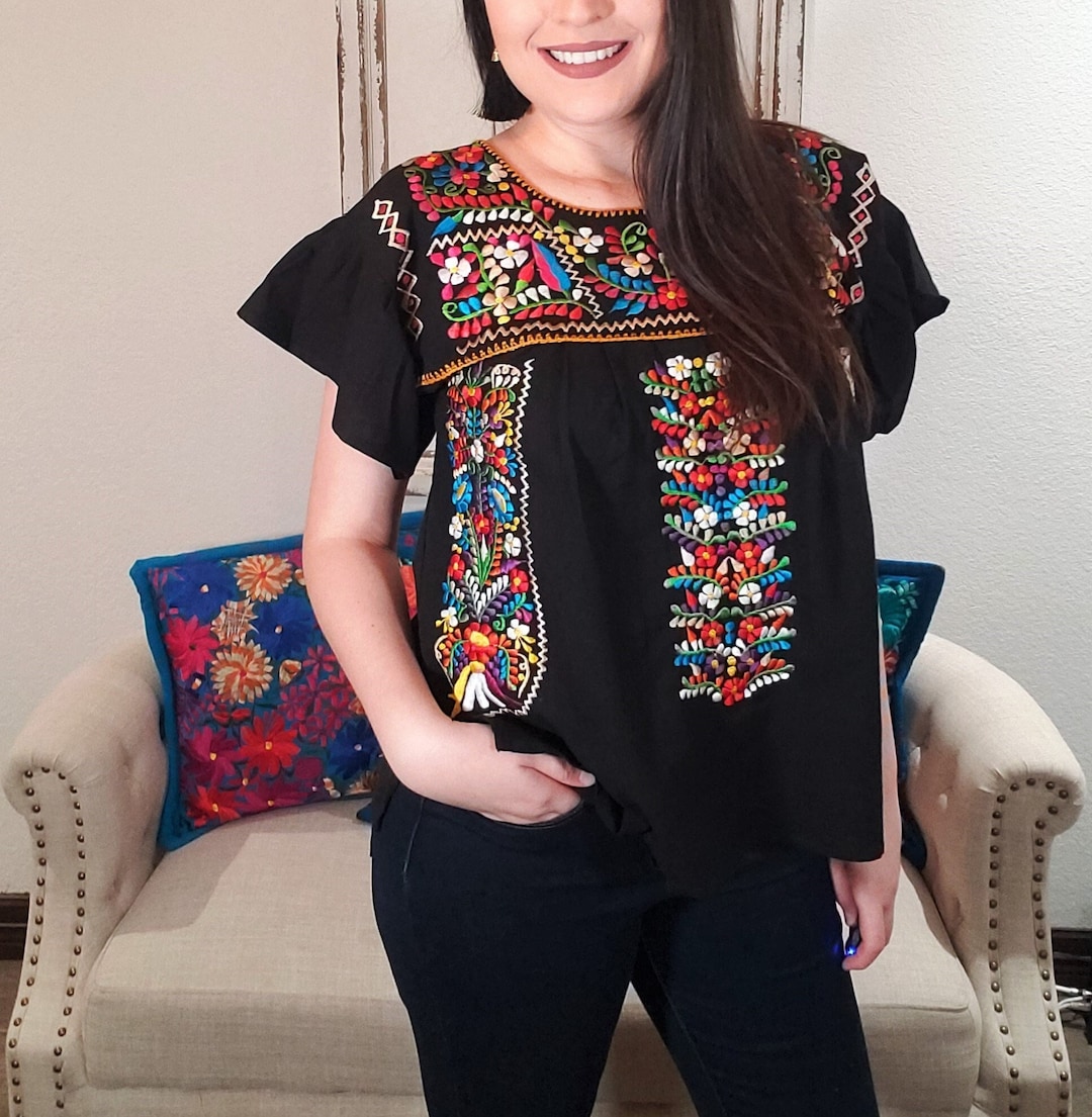 Mexican Embroidered Blouse, Black Blouse, Artisanal Mexican Blouse ...
