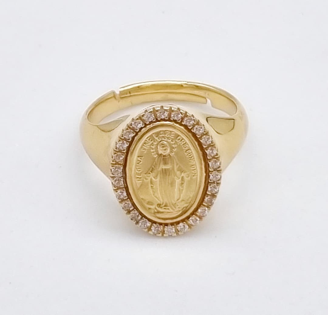Silver Virgin Mary Signet Ring, 18 K Gold Plated Ring, Our Lady of ...