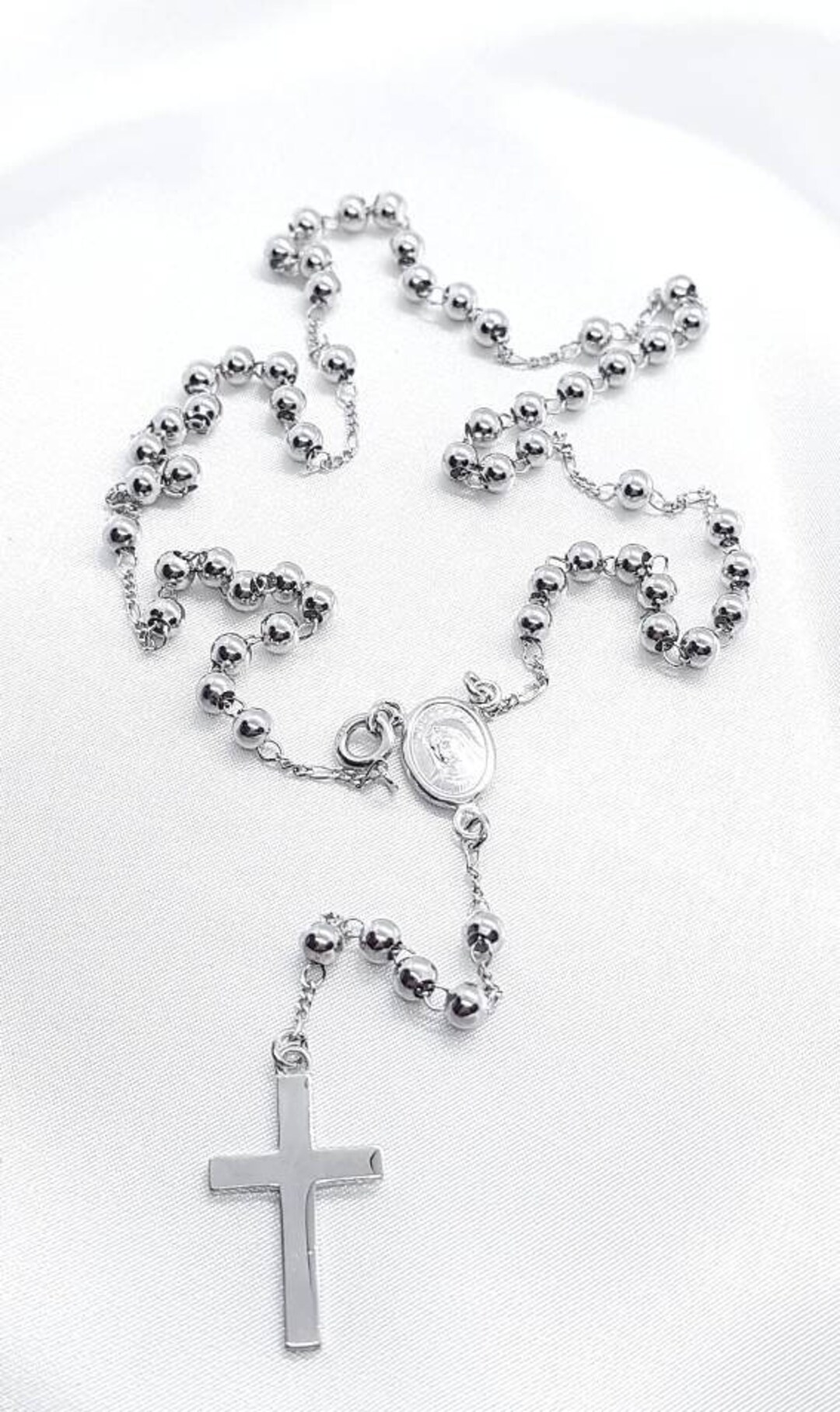 Rosary Necklace Sterling Silver 925 Virgin Mary Medal Rosary Beads