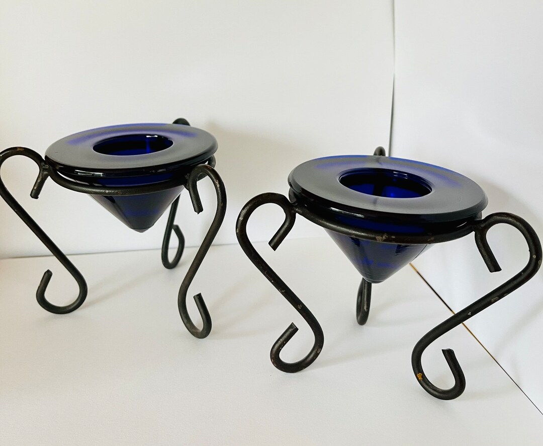 Set of Zodax Glass Votive Candle Holders Blue Glass W/original Wire ...