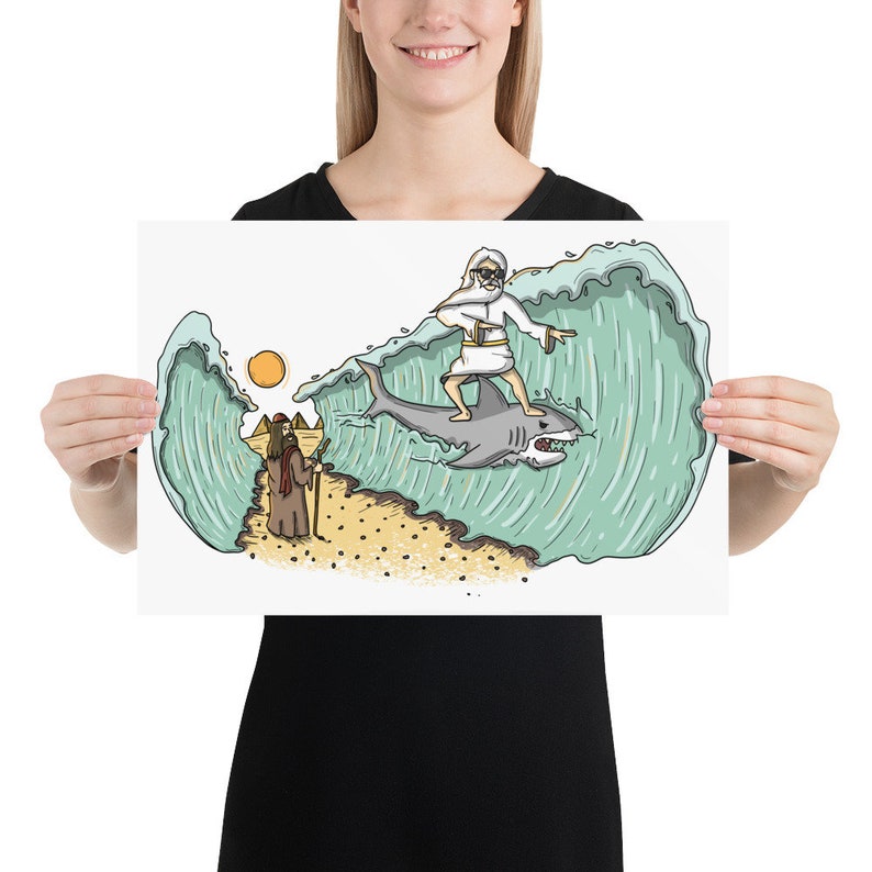 God Surfing the Red Sea on a Shark Poster - Etsy