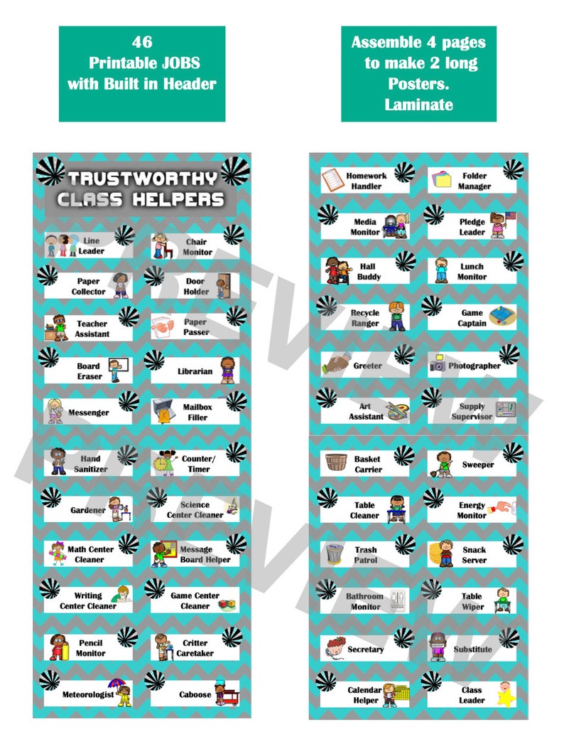50+ Classroom Job Charts in Teal, Gray, Black, and White With Editable ...