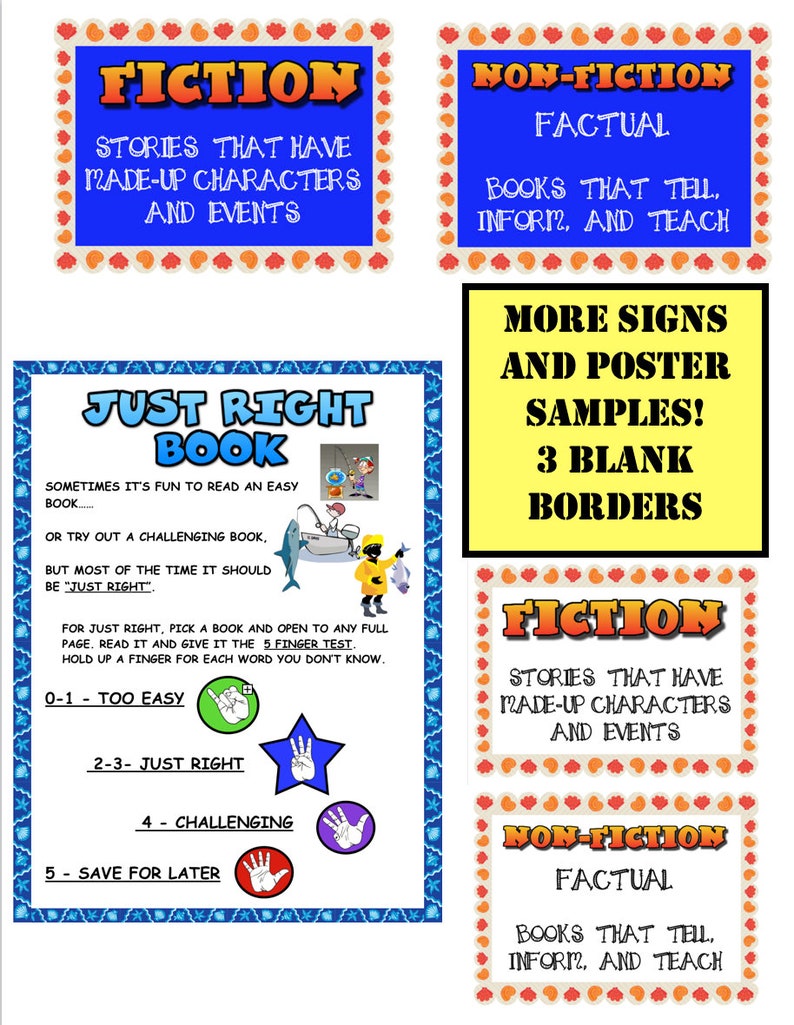 Class Library Genre and Author Bin Labels With Posters in an Ocean ...