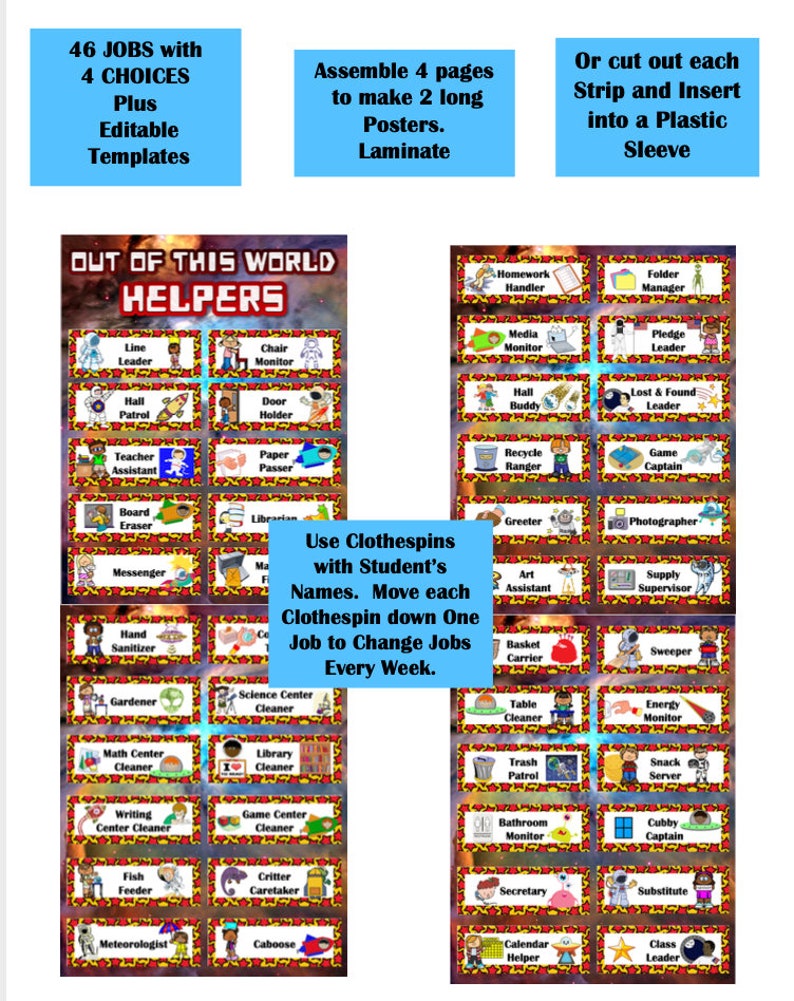 46 + Space Themed Classroom Job Charts Background Choices and Editable ...