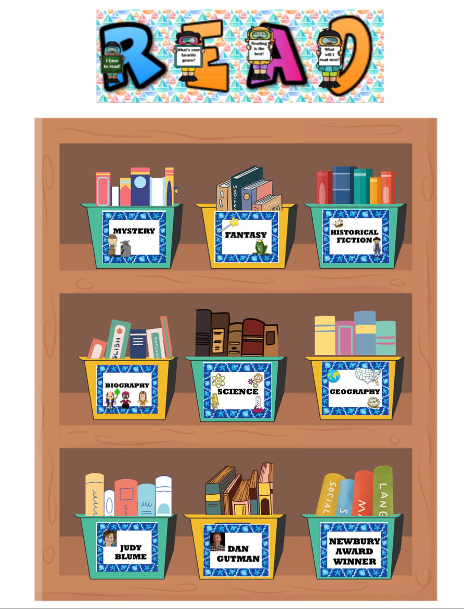 Class Library Genre and Author Bin Labels With Posters in an Ocean ...