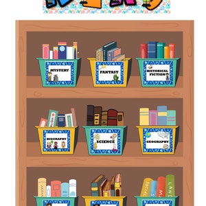 Class Library Genre and Author Bin Labels With Posters in an Ocean ...