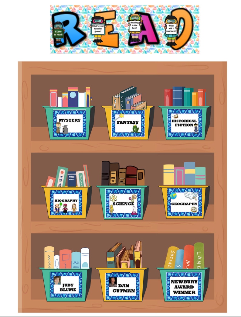 Class Library Genre and Author Bin Labels With Posters in an Ocean ...