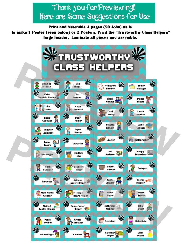 50+ Classroom Job Charts in Teal, Gray, Black, and White With Editable ...
