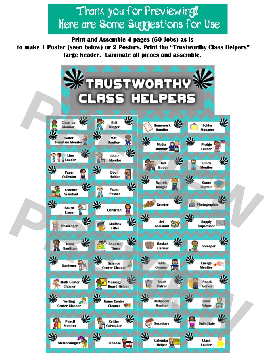 50+ Classroom Job Charts in Teal, Gray, Black, and White With Editable ...