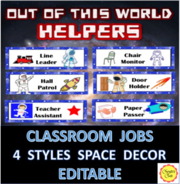 46 + Space Themed Classroom Job Charts Background Choices and Editable ...