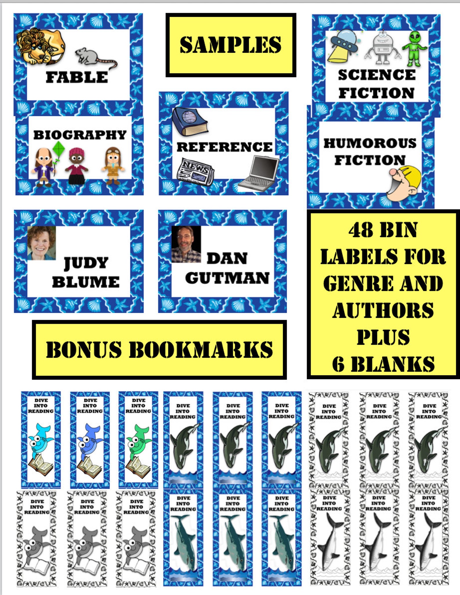 Class Library Genre and Author Bin Labels With Posters in an Ocean ...