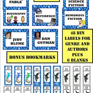 Class Library Genre and Author Bin Labels With Posters in an Ocean ...