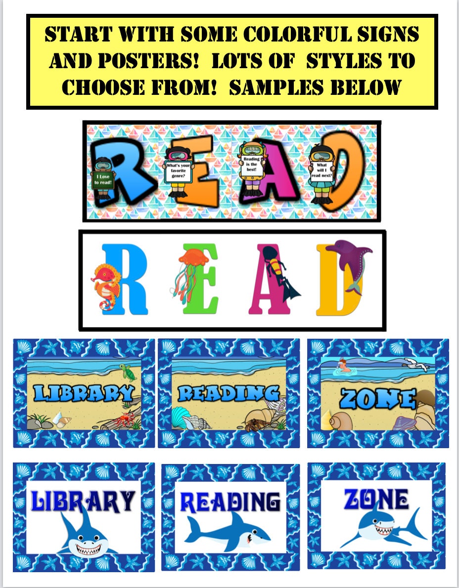 Class Library Genre and Author Bin Labels With Posters in an Ocean ...